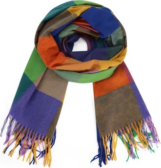 Glamexx24 Damen Winter Kariert Schal, Strickset Schal &uuml;bergro&szlig;er Quadratisch Deckenschal Halstuch Streifen Muster Fransen Ponch, Blau-Gruen-Orange