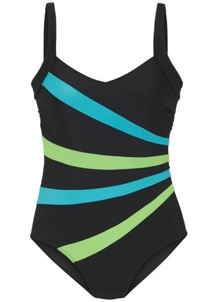 Lascana Damen Badeanzug mit strahlenförmigen, farblich abgesetzten Einsätzen, integrierte Softcups, gerader Rückenausschnitt, Klassische Passform
