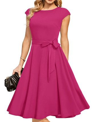 Dresstells Cocktailkleid Damen Rosa Festliche Kleider 1950er Knielang Rockabilly Hochzeitkleid Vintage Silvester Outfit Swing Elegante Weihnachtskleid Abendkleid