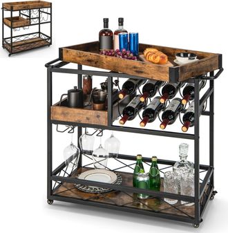 Generic Küchenwagen, Servierwagen mit 3 Ebenen, rollender Getränkewagen mit abnehmbarem Tablett, Weinregal, Hausbar (mit abnehmbarem oberen Tablett, 80 x 40 x