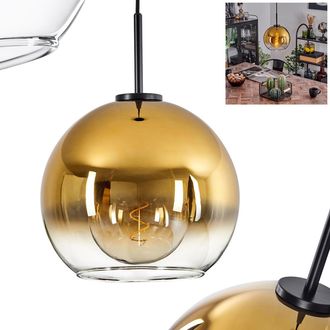 HOFSTEIN Hängeleuchte Koyoto, Hängelampe aus Metall/Glas in Schwarz/Stahl-/Goldfarben/Klar, Leuchte 1-flammig im Vintage/Retro Design mit Schirm aus Glas (Ø 25