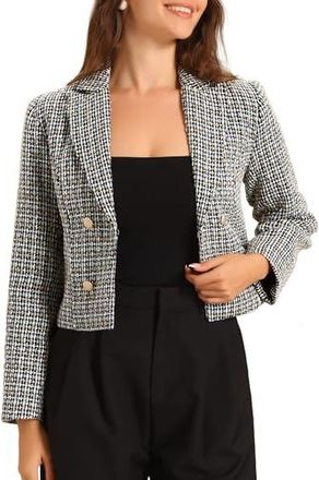 Allegra K Veste en Tweed Femme dhiver à Revers Cranté Blazer Boutonné Tartan de Bureau à Carraux avec Manches Longues Manteau Court Blouson Court Chic Beige Noi