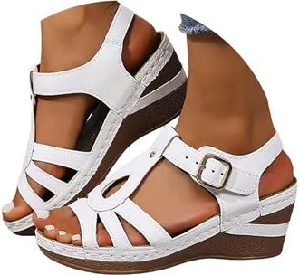 Generic Sandales compens&eacute;es orthop&eacute;diques pour femme 2025 - Sandales d&eacute;t&eacute; habill&eacute;es en li&egrave;ge - Bout ouvert - Sangle de cheville - Style boh&egrave;me - Confortables 