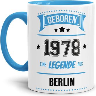 Tassendruck Geburtstags-Tasse Geboren 1978 Eine Legende aus Berlin Innen & Henkel Hellblau/Geschenk/mit Spruch/Mug/Cup/Becher/Qualität Made in Germany