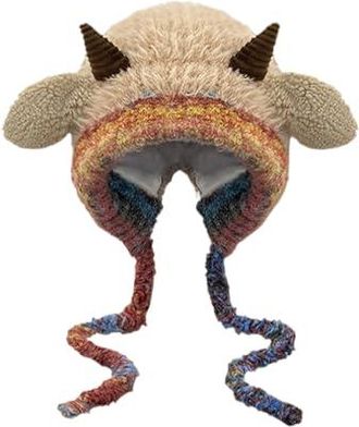 Generic Bonnet tricot&eacute; &agrave; Capuche en Corne de Mouton pour Femme - Th&egrave;me Animal - Couverture Thermique Douce pour lhiver - pour No&euml;l et Anniversaire, Taille Uni