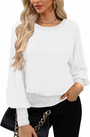 Generic Haut &agrave; paillettes pour femme - Haut &eacute;l&eacute;gant avec d&eacute;tails scintillants - Manches bouffantes scintillantes - Col rond - Pour bureau, soir&eacute;e, f&ecirc;te, occas