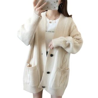 Generic Nouveau printemps et automne style col en V cardigan en tricot torsad&eacute; coupe ample v&ecirc;tements dext&eacute;rieur pour femmes pull polyvalent manteau esth&eacute;tique