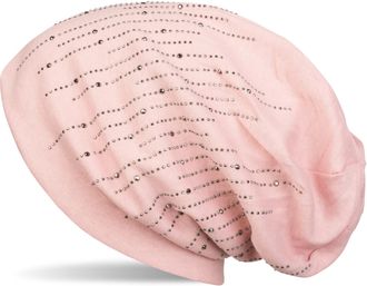 styleBREAKER Damen Beanie M&uuml;tze mit Strass Nieten im edlen Streifen Design, Slouch Longbeanie, Stoffm&uuml;tze Einfarbig 04024086, Farbe:Rose