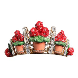 Dolce & Gabbana Femme, Accessoires, Multicolore, Taille: ONE Size Couronne Dor&eacute;e Cristal Floral Rouge Bandeau