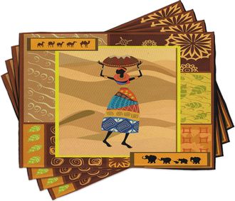 Abakuhaus afrikanisch Platzmatten, Kamele Elefanten, Waschbare Stoff Esszimmer Küche Tischdekorations Digitaldruck, Braun Orange