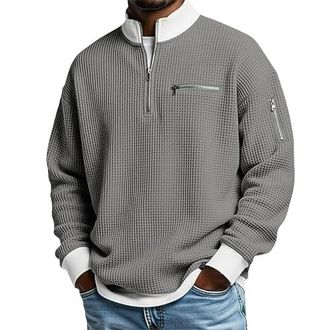 Generic Sweat &agrave; fermeture &eacute;clair contrast&eacute;e pour homme, style d&eacute;contract&eacute; et d&eacute;contract&eacute;, demi-fermeture &eacute;clair gaufr&eacute;e pour homme, mode dautomne, gris, 3XL