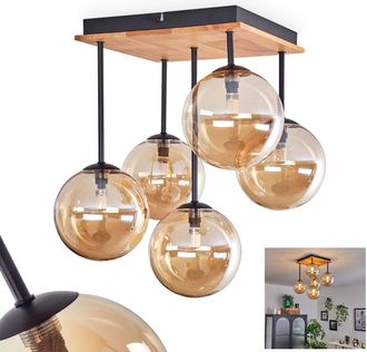 HOFSTEIN Deckenleuchte Chehalis, Deckenlampe aus Metall/Holz/Glas in Schwarz/Natur/Bernsteinfarben, Leuchte im modernen Retro/Vintage-Design mit Schirmen aus G