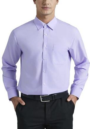 Hisdern Chemise Violet Clair à Manches Longues pour Hommes Chemise Habillée en Fibre de Bambou Coupe Régulière Chemise sans Repassage avec Poche,3XL