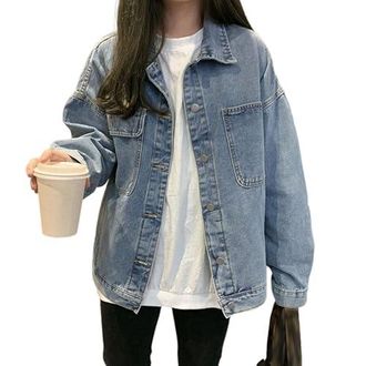 Generic Veste en jean pour femme, style urbain, manches longues, coupe boyfriend, fermeture boutonn&eacute;e, v&ecirc;tement dext&eacute;rieur tendance, bleu clair, taille M