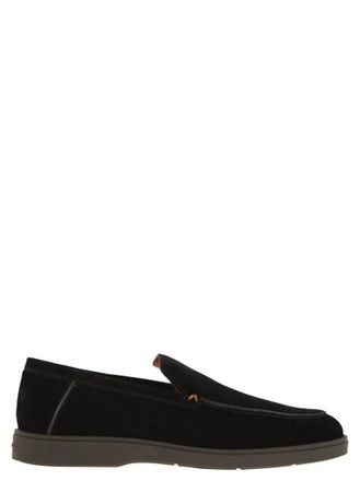 Santoni Loafer - Fine Suede Moccasin With Signature Orange Accents - Gr. 7_5 - in Schwarz - für Damen