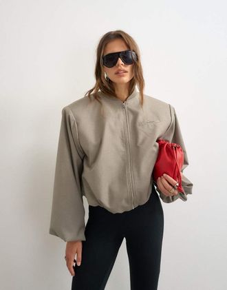 Topshop Oversize-Bomberjacke mit Rei&szlig;verschluss in Stone-Neutral