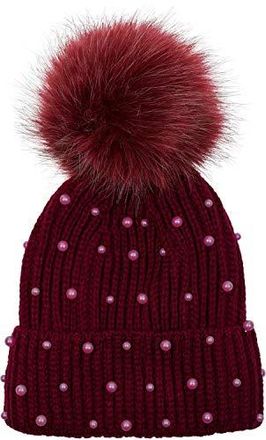 styleBREAKER Bonnet en Maille avec Pompon pour Femme, orn&eacute; de Perles et avec Une Doublure en Polaire, Bonnet dhiver avec Un Pompon en Fourrure 04024155, Couleur:Bo