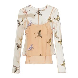 Blumarine T&uuml;ll-Top mit Schmetterlingsmotiv - - Tops - Damen - Beige - 2XS