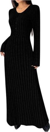 Generic Robe longue tricot&eacute;e pour femme, col en V, manches longues, boutonn&eacute;e sur le devant, longueur au sol, douce, extensible, confortable, week-end, brunch
