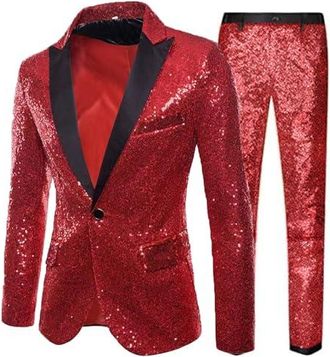 Generic Blazer &agrave; paillettes brillantes pour homme - Ensemble deux pi&egrave;ces - Blazers crant&eacute;s d&eacute;contract&eacute;s et intelligents - Un bouton - Coupe r&eacute;guli&egrave;re - Change