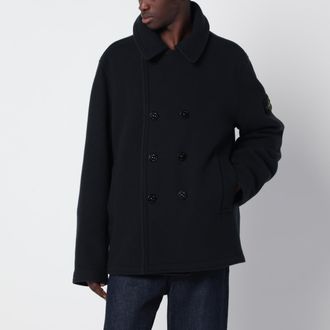 Stone Island Navyblauer zweireihiger Mantel aus Wolle und Kaschmir