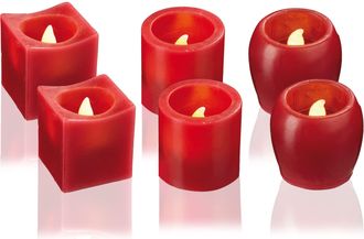 Hellum LED-Wachskerzen, 6er-Set rot, gelbe LED, 4 cm hoch in verschiedenen Formen,batteriebetrieben (6x CR2032 nicht inkl.), Tischdekoration, 572193