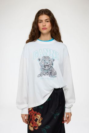 Ganni wei&szlig; Langarm-T-Shirt mit blauem Tiger Bio-Baumwolle - Gr&ouml;&szlig;e XXS