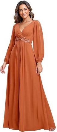 Ever-pretty Robe M&egrave;re de Mari&eacute;e Grande Taille Femme Longue Manche Longue Col V en Mousseline Applique Pliss&eacute; Melon au Brandy 46