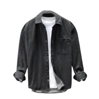 Generic Printemps Automne Casual Jean Chemises Poche Lâche Cowboy Manches Longues Chemises Hommes Veste Vintage, Noir, 3XL