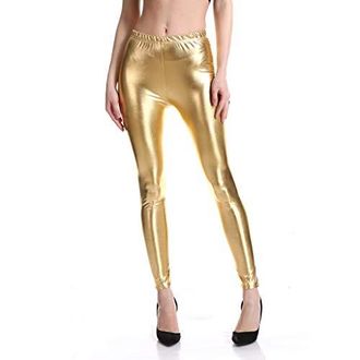 Generic Legging M&eacute;tallique Brillant pour Femme Taille &Eacute;lastique Shiny Metalic Leggings Femme Extensible Legging Pantalons Coupe Ajust&eacute;e pour Party Club Danse 