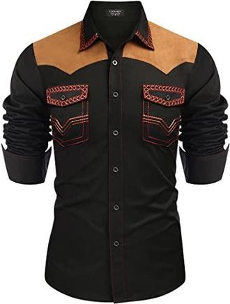 Coofandy Chemise Western Cowboy brodée à Manches Longues, Coupe ajustée décontractée, en Coton, boutonnée, Chemise Hippie avec Poches pour Homme, Noir, Taille 