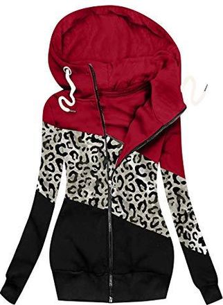 Generic Vestes pour femmes imprim&eacute;es &agrave; manches l&eacute;opard, manteau dhiver d&eacute;contract&eacute; &agrave; fermeture &eacute;clair, sweatshirt long 2026, Rouge, XL