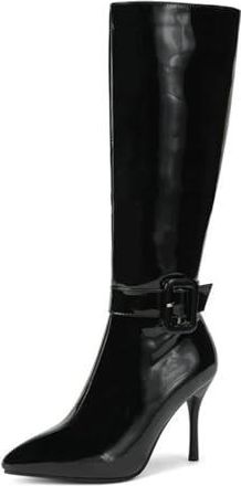 Generic Noir,38 EU,Bottes Hautes pour Femmes, Fermeture éclair, Bout Pointu, Talons Aiguilles, Bottes déquitation en Similicuir, Cuissardes à Boucle, Chaussur