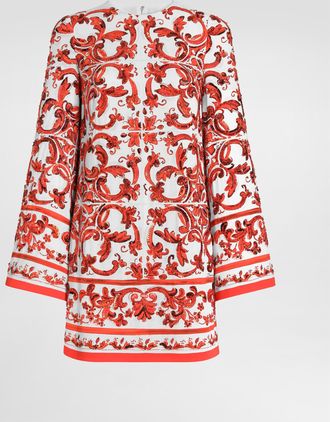 Dolce & Gabbana Kleid Aus Charmeuse Mit Stickerei In Maiolika-print - Frau Kleider Mehrfarbig 42