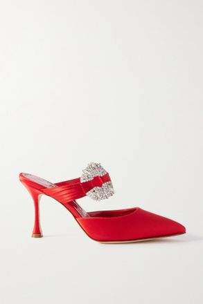 Manolo Blahnik Maidugura 90 Mules Aus Satin Mit Kristallen - Rot