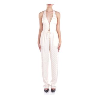 Elisabetta Franchi Femme, V&ecirc;tements de nuit et de d&eacute;tente, Beige, Taille: 42 FR Pantalon de jogging en satin avec motif losanges jacquard