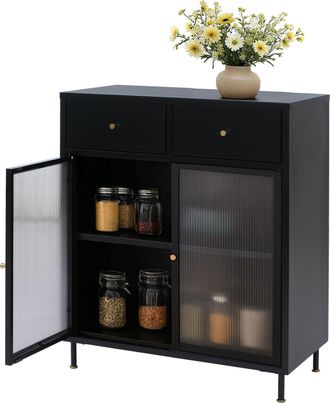 Mendler Kommode HWC-O87, Schrank Sideboard Highboard, Stauf&auml;cher Schubladen Industrial Metall Schilfglas 96x80x40cm - schwarz
