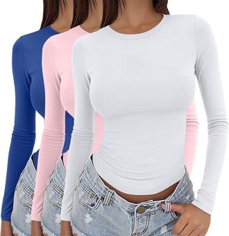 Generic Lot de 3 hauts &agrave; manches longues pour femmes Y2K couche de base thermiques maillots de corps ajust&eacute;s moulants pour sortir t-shirt col rond extensible 