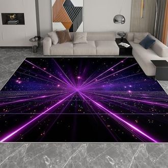 Generic Tapis Moderne Lavable 160 x 230 cm, Violet Antidérapant Durable et Non-Fussel, Tapis de Salon Court Motif 3D Néon Lignes Laser pour la Chambre, la Cui