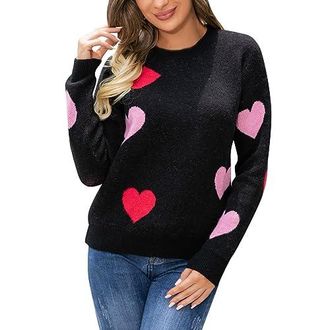 Generic 2026 Pull en tricot &agrave; col rond pour femme Motif coeur Automne et hiver, Noir, XL