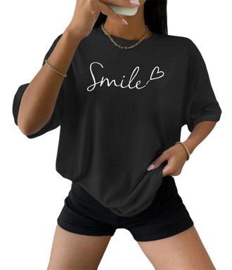 TOMWELL Damen Tshirt Kurzarm Sommer Oberteile Oversized T-Shirt mit Buchstaben Druck Lose Rundhals Sport Shirt Teenager M&auml;dchen Top Tunika Lang J Schwarz XXL