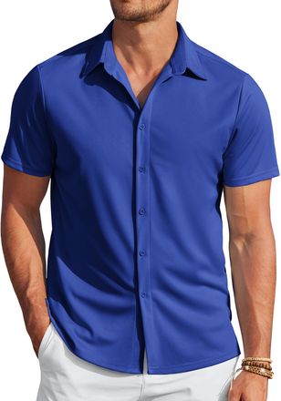 Coofandy Hemd Kurzarm Herren Sommer Casual B&uuml;gelfrei Button Down Freizeithemden Einfarbig Strand Shirts Herren Blau M