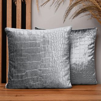 MG Design 2er Set Kissenbez&uuml;ge 35 x 35 cm in Silber - mit Rei&szlig;verschluss, strukturstark mit Kroko-Pr&auml;gung, weich & pflegeleicht