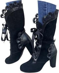 Generic Bottes victoriennes, mi-mollet à lacets et bout rond vintage avec noeud à volants, bottes gothiques à talon moyen, bottes habillées de mariée, chaussu