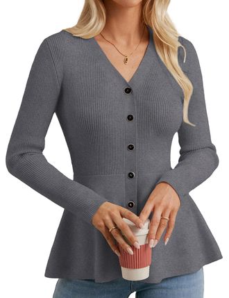 Grace Karin Pullover Damen Elegant V-Ausschnitt Knopfen Strickjacke Damen Elegant Business Büro Strick Pulli Grau S