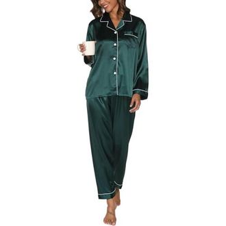 Generic Pyjama 2 pi&egrave;ces en soie pour femme, ensemble de pyjama 2 pi&egrave;ces en soie pour femme, v&ecirc;tement de nuit confortable, pyjama soyeux, vert fonc&eacute;, XXL