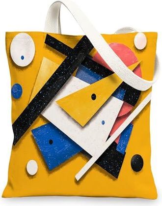 Generic Sacs fourre-tout en toile géométrique, sacs à provisions réutilisables, légers et lavables avec bandoulière en toile B, jaune, 13x15 Inch