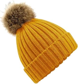 Beechfield B412 Faux Fur Pop Pom Chunky Beanie - Mustard