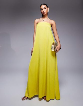 Asos Trapezf&ouml;rmiges, tr&auml;gerloses Satin-Maxikleid in Hellgr&uuml;n-Gelb
