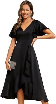 Ever-pretty Robe Invit&eacute;e de Mariage Femme Satin Midi High Low Noir 38